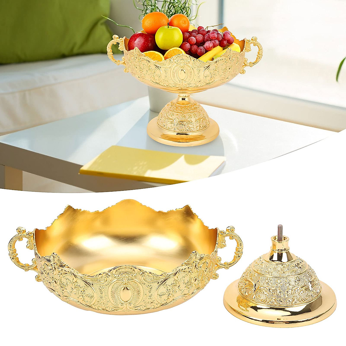 yaogohua Golden Fruit Plate European Fruit Plate Tray Trinket Dish Snack Tray European Style Fruits Basket Ornaments Food Serving Tray for Desktop Decoration