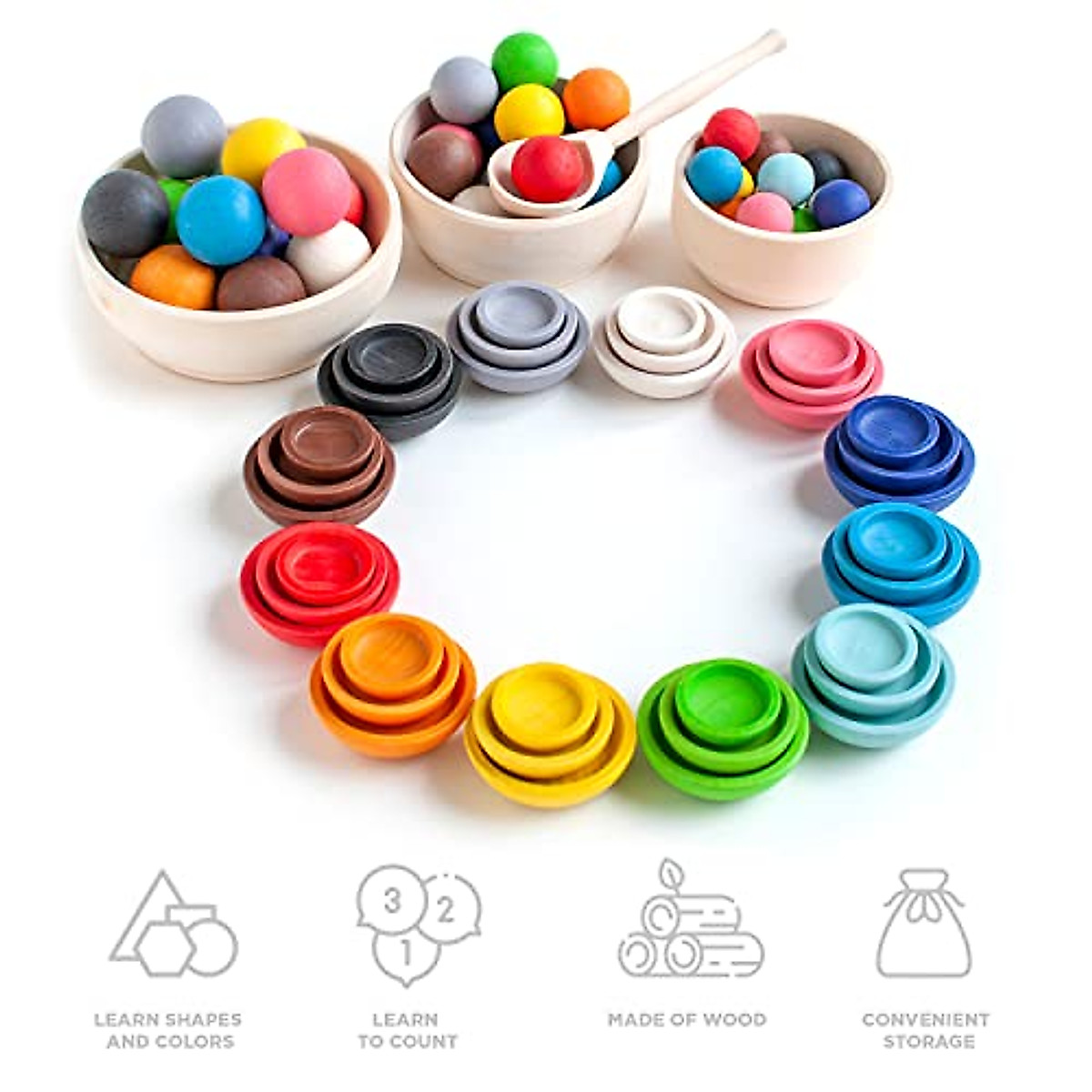 Ulanik Colors and Sizes Toddler Montessori Toys for 3 Year Old + Kids Wooden Matching Game for Learning Size & Color Sorting and Counting — 36 Balls on Plates