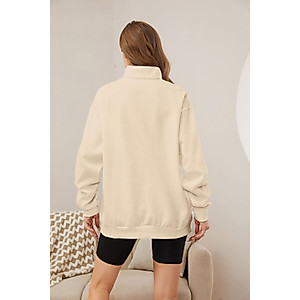 Meladyan Women's Half Zip Sweatshirt Oversized Long Sleeve Collar Drop Shoulder Solid 1 / 4 Zipper Pullover Coat, Apricot, Medium