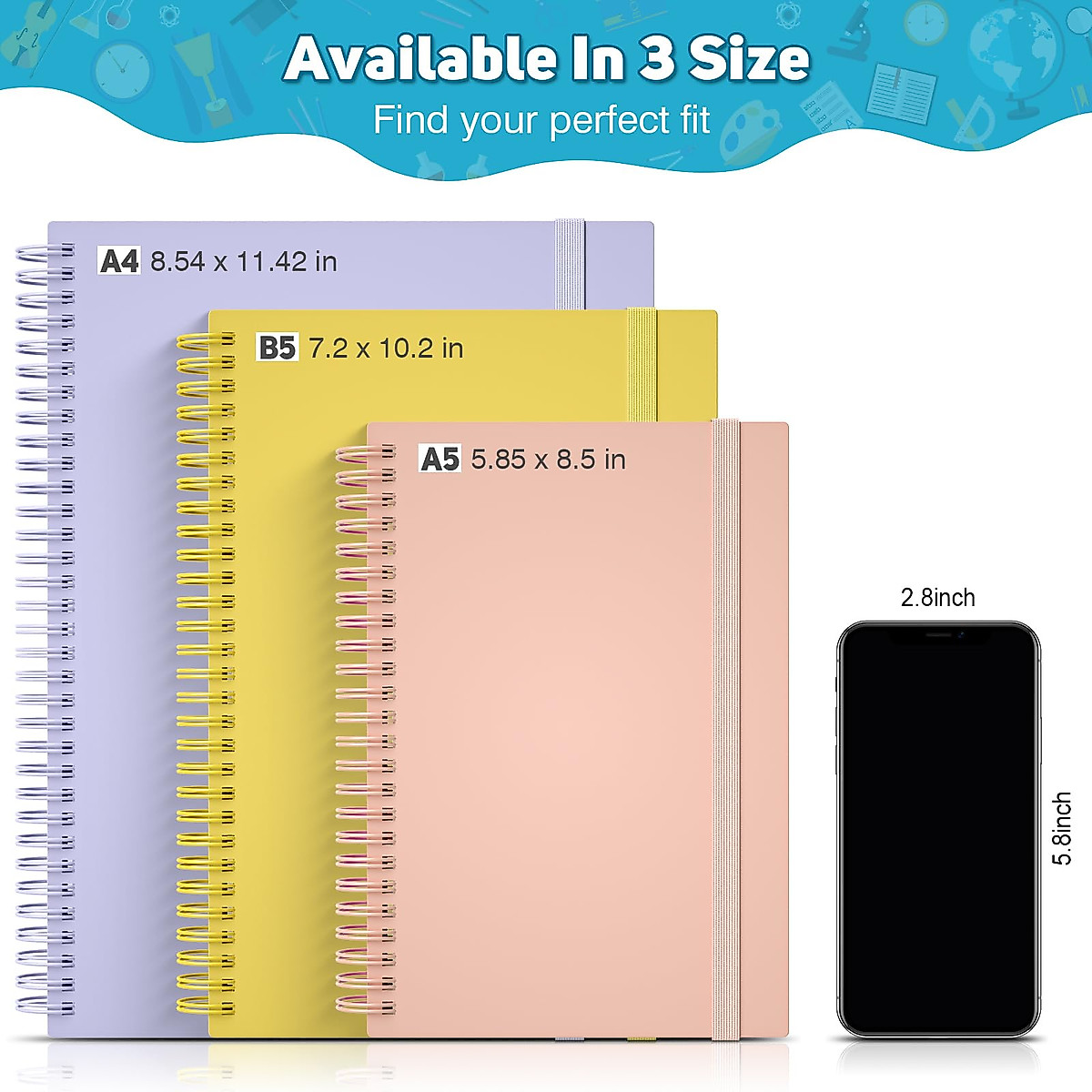 3 Pack Dotted Journal Notebook, 1 Subject Spiral Notebook with Pockets, A5 Bullet Journals,480 Perforated Pages 100gsm Thick Dotted Paper,Dot Journal Notebook for School Supplies Office,5.85" x 8.5"