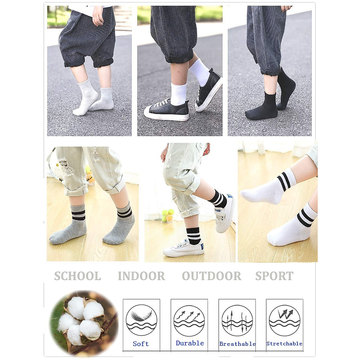 Oohmy Boys Socks 12-Pack Boys' and Girls Unisex Socks Cotton Athletic Ankle Socks Kids Toddler (Mid-Gray, XL (13-15 years old))