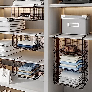 3-Tier Under Closet Shelf Basket Hanging Clothes Storage Organizer Slides Under Shelves Space Saving Stackable Cabinet Bins Foldable Metal Wire Rack with 2 Hooks for Clothing Sweaters Bedroom