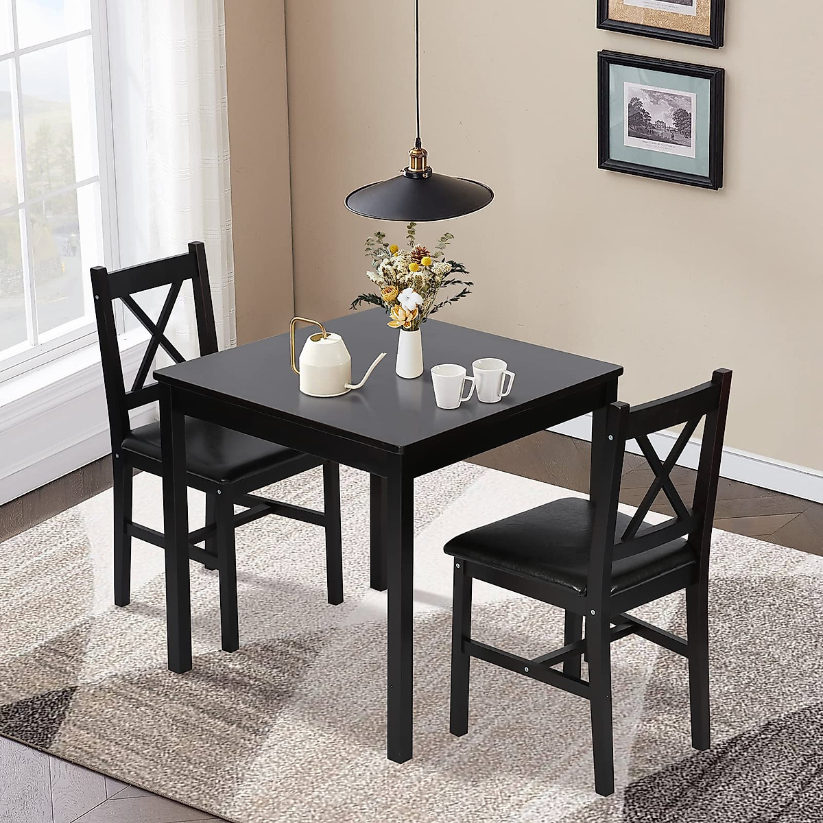 Dkelincs Dining Table Set for Small Space, 3 Peices Wood Kitchen Dinette Table with 2 Chairs, Modern Counter Height Dining Room Table for Kitchen,Dining Room, Restaurant, Dark Brown