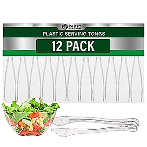 PARTY BARGAINS 8.5 Inches Plastic Serving Tongs, 12 Pack, Premium Quality & Heavy-Duty Clear Plastic Tongs for BBQ, Salads, Grilling, Buffets, Kitchen