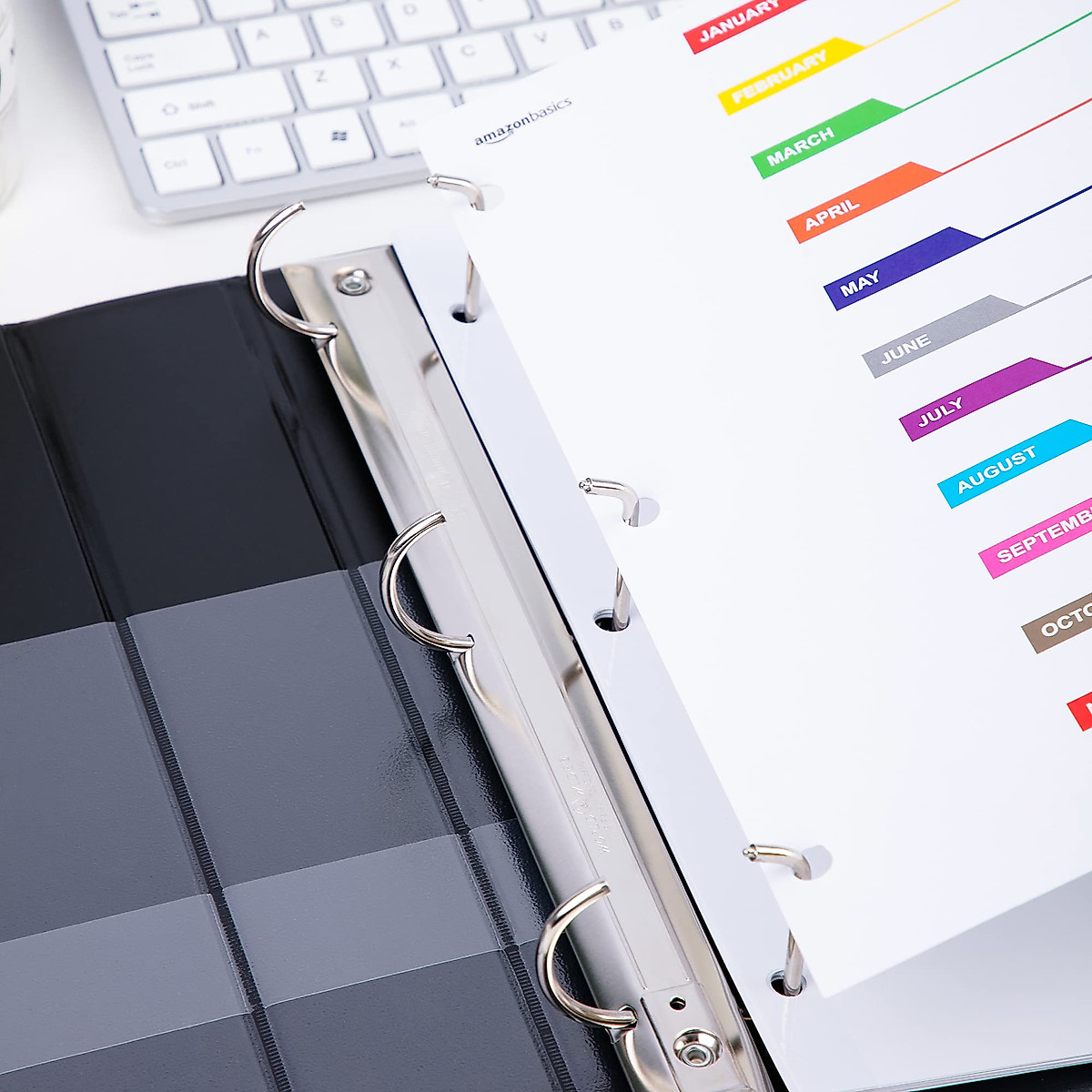 Amazon Basics 12 Tab Monthly Dividers for 3 Ring Binder, Customizable Table of Contents Page, Multicolor, 10-Pack