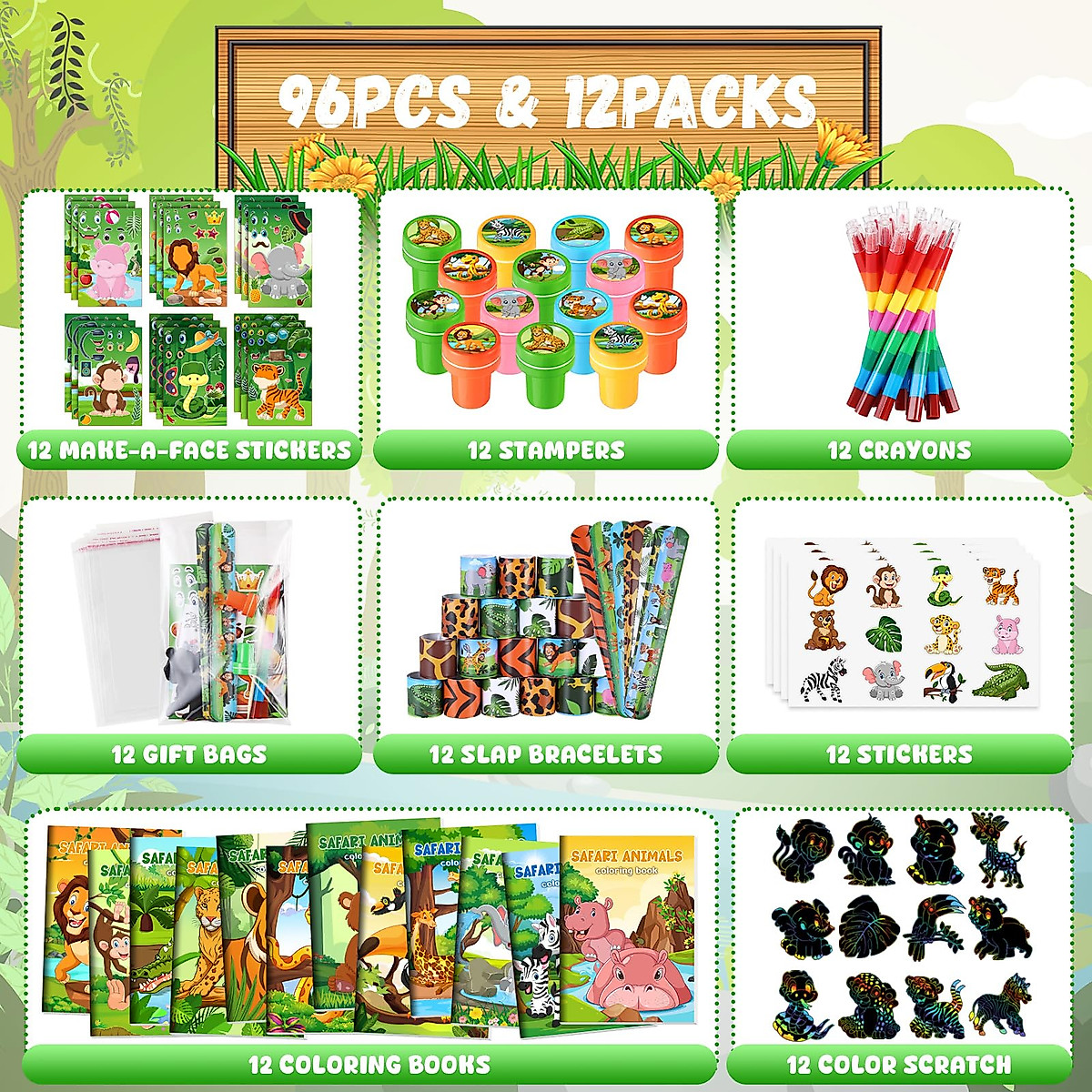 BenLouis 96Pcs Jungle Safari Party Favors Zoo Animals Coloring Books Crayons Sticker Stampers Slap Bracelets Set Bulk Classroom Prizes for Kids Wild One Party Baby Shower Goodie Bags Fillers