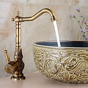 Antique Long Neck Brass Body Bathroom/Kitchen Sink Faucet with Hot & Cold Water Mixer