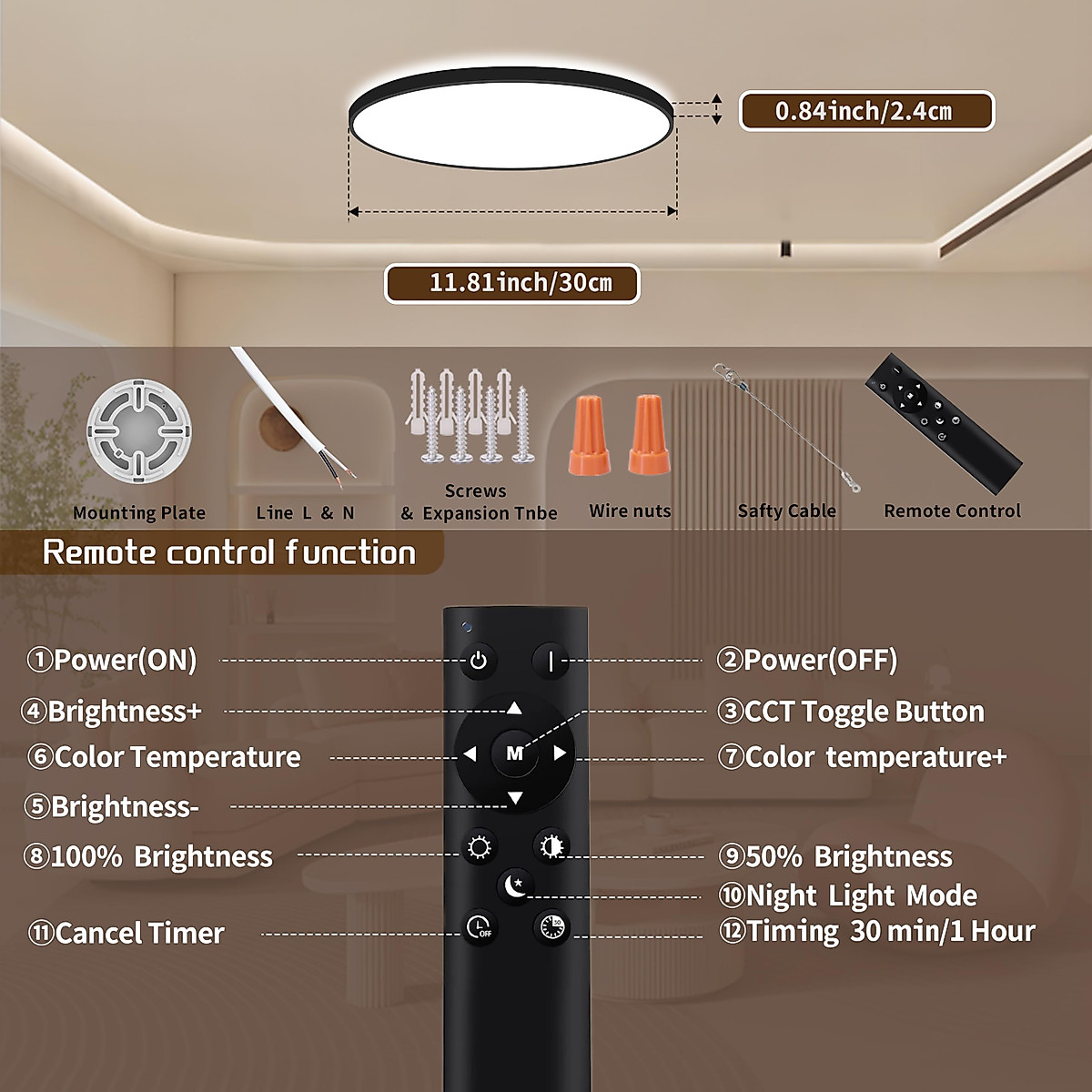 12 Inch Flush Mount Ceiling Light with Remote 28W 3000lm Led Ceiling Light Dimmable 3 Color Adjustable Modern Light Fixture Ceiling with Backlight, Night Light and Timer Ultra-Thin Close to Ceiling