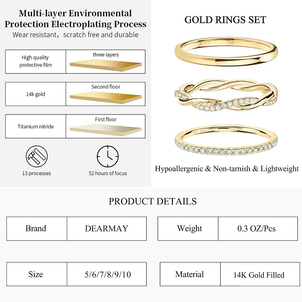 DEARMAY Stackable Gold Ring Set for Women, Dainty 14K Real Gold Ring Jewelry Diamond Trendy Twisted Fashion Thin Cubic Zirconia Simple Non Tarnish Thumb Unique Statement Rings Pack Size 5/6/7/8/9/10,