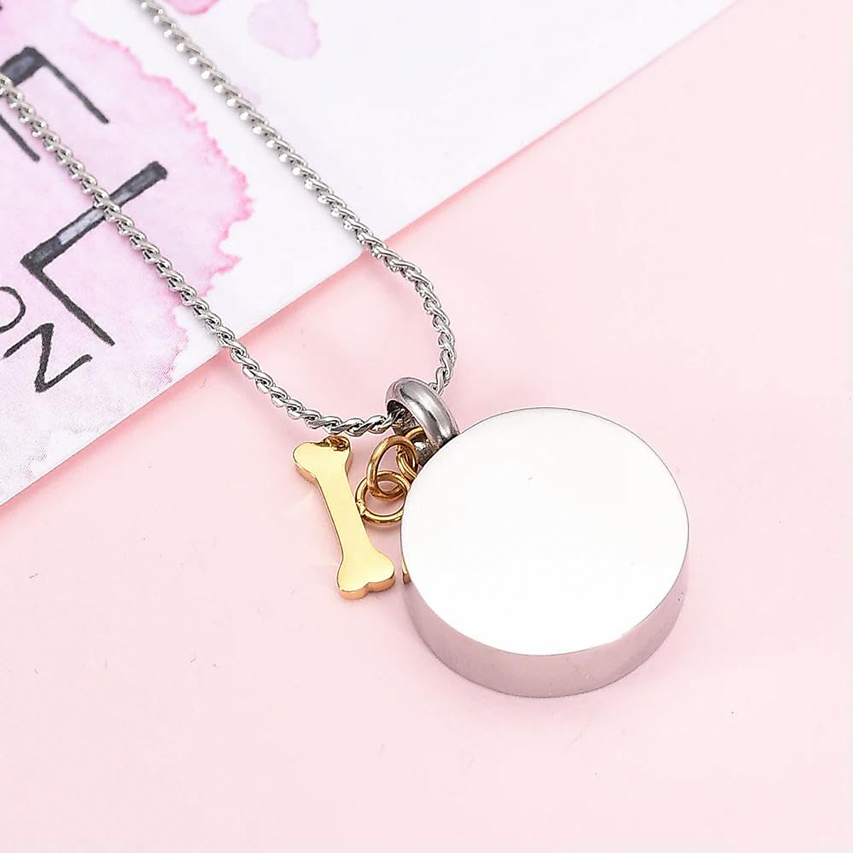 MYPOWER Pet Paw Print Round Cremation Jewelry for Ashes Pendant Golden Dog Bone Stainless Steel Holder Urns Pet Memorial Necklace