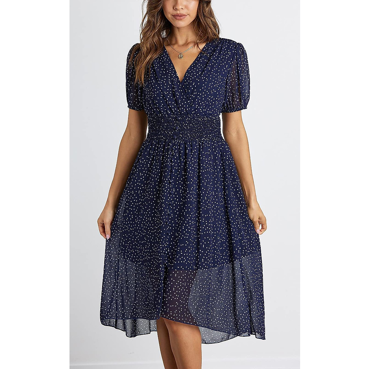 PRETTYGARDEN Puff Sleeve Floral Easter Dress for Women High Low Hem Wrap V Neck Summer Dress Smocked Waist Flowy Midi Dress (Bright Blue, Large)