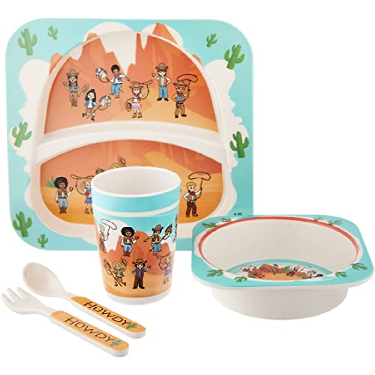 5 Piece Kids Dinnerware Set, Western Cowboys Themed Kids Utensils Set, Bamboo Fiber Plate, Bowl & Cup, Lightweight & Shatterproof Toddler Feeding Set, Children Safe Kitchen Set, Fun Toddler Utensils