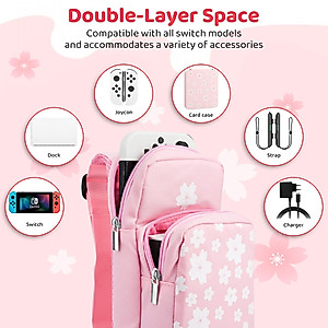 RHOTALL Pink Travel Bag for Nintendo Switch/Lite/OLED,Large Capacity Portable Carrying Case Compatible for Chest Shoulder Accessories Storage Backpack with12 Slots Game Case,Thumb Grip Caps-Sakura