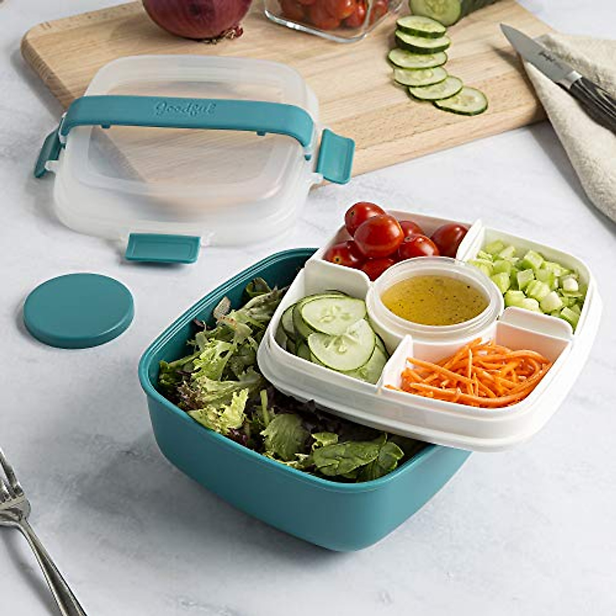 Goodful Stackable Lunch Box Container, Bento Style Food Storage with Removeable Compartments for Sandwich, Snacks, Toppings & Dressing, Leak-Proof and Made without BPA, 56-Ounce, Teal