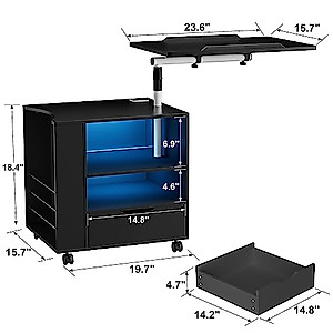 Shahoo Nightstand Set of 2 with Charging Station and 3 LED Lights, Modern End Side Table Featuring Open Storage, Drawer, Adjustable Rotary Stand Plate for Bedroom, Black, 2