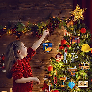 Suzile 36 Pcs Christmas Construction Tools Ornament Wooden Hanging Handyman Belt Board Wood Axe Plier Hammer Tool Christmas Tree Ornament for Xmas Party Holiday Decor