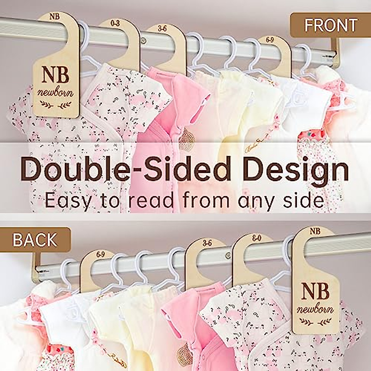 Zamwix Wooden Baby Closet Dividers - Double-Sided Closet Size Dividers from Newborn to 24 Months Baby Clothes Hanging Organizer