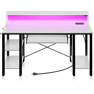 Rolanstar Computer Desk 47 inch with LED Lights & Power Outlets, Gaming Desk with Storage Shelves, Home Office Desk with Keyboard Tray, Writing Desk with Monitor Stand, Study Desk, White