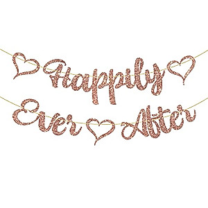 WeBenison Happily Ever After Banner, Bachelorette Party Supplies, Wedding / Engagement / Wedding / Just Married Party Decorations, Rose Gold Glitter