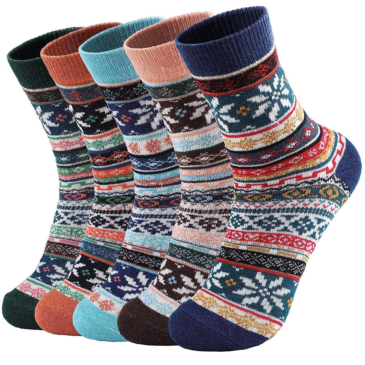 coclothy Women's 5 Pairs Thick Wool Socks, Argyle, Free Size, Cold Weather, Knit, Comfortable, Crew Length, Hiking, Socks