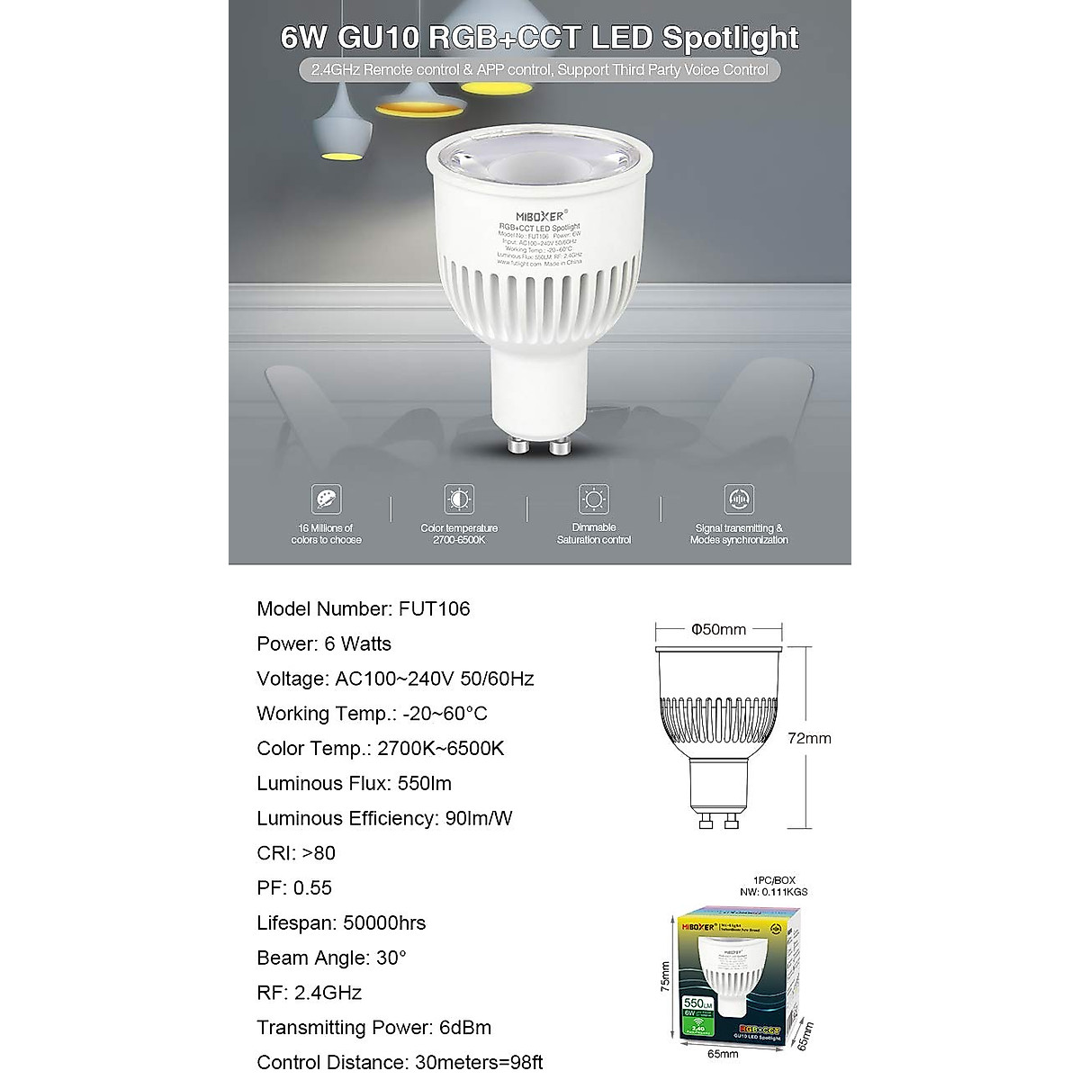 LGIDTECH FUT106 Miboxer 6W 2.4GHz WiFi Led Spotlight Bulb GU10 AC 100-240V RGB+CCT Color Changing,Temperature Adjustable,Memory Funtcion.Smartphone APP & Voice Control via Gateway hub(Excluded)