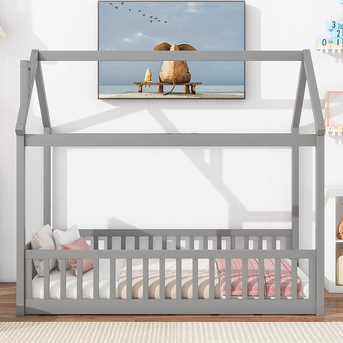 LLS Twin Floor Bed with Slats, Wooden Montessori Bed with Fence, House Bed Frame for Boys Girls Bedroom, Gray