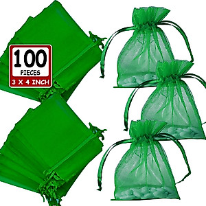 Green Organza Bags 3x4 Inch (100 Pcs) Sheer Mesh Gift Bags Drawstring Sachet Jewelry Bags Organza Small Drawstring Pouch for Wedding Favor, Party, Soaps, Baby Shower Gifts (3"x4", Emerald Green)