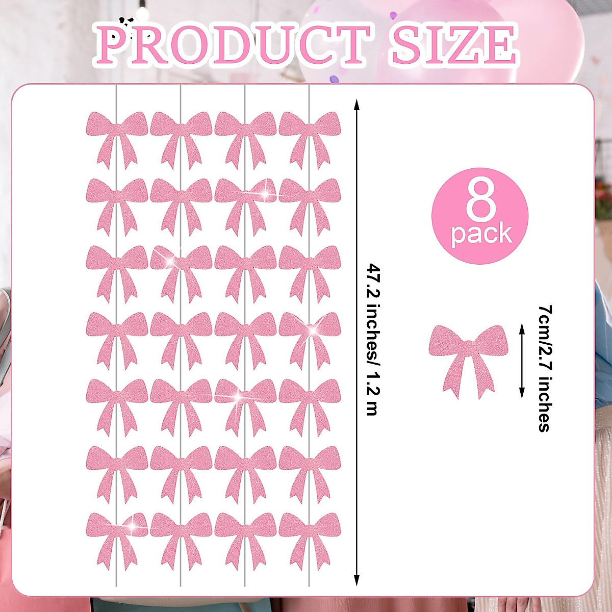 Feifeiya 8 Pcs Glitter Pink Bow Garland String Bow Banner Coquette Bachelorette Party Birthday Party Bow Party Decor Birthday Decorations Pink Bow Decor Baby Shower Party Decorations for Girls