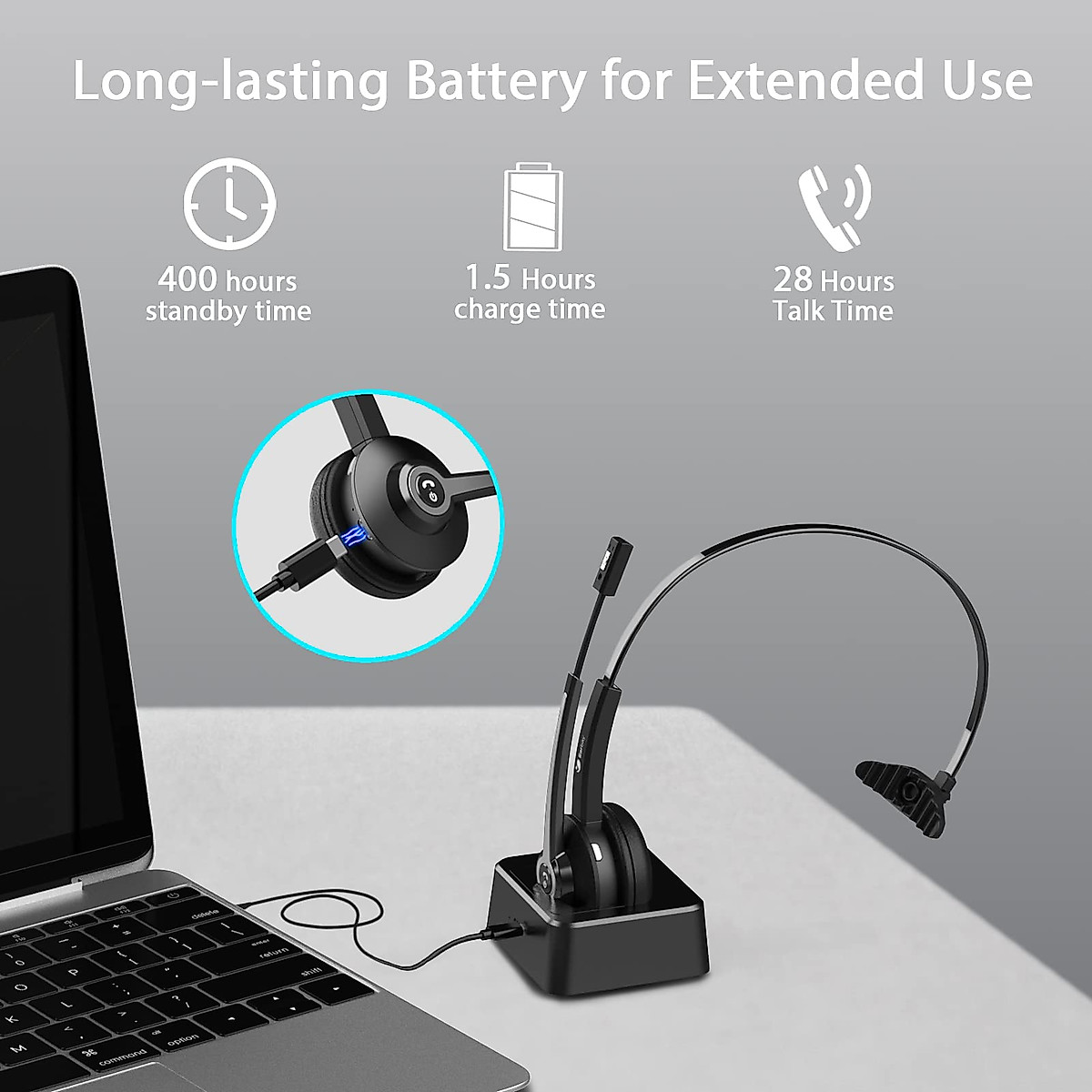 Earbay Trucker Bluetooth Headset, Wireless Headset with Microphone Noise Canceling & USB Dongle, Bluetooth Headphones with Mic Mute & Charging Base for PC Computer/Phones/Office/Zoom/Skype/Meeting