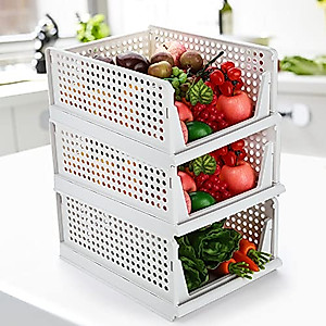 Okllen 3 Pack Stackable Storage Bins, Plastic Clothes Drawer Organizer Wardrobe Storage Box Shelf Basket, Foldable Sliding Bins for Cabinet, Laundry, Bedroom Closet, Office, White
