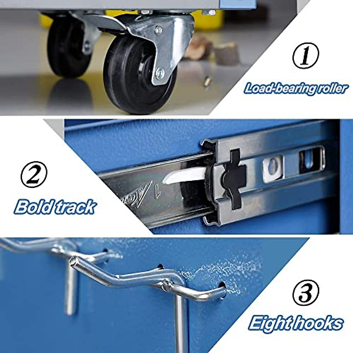 AIRAJ PRO 3 Tier Tool Cart,440 LBS Rolling Tool Cart with Drawer and Wheels,Heavy Duty Industrial Service Cart,Tool Storage Cart with Lockable Drawers ,Tool Storage Organizer for Garage, Warehouse,Workshop,Blue