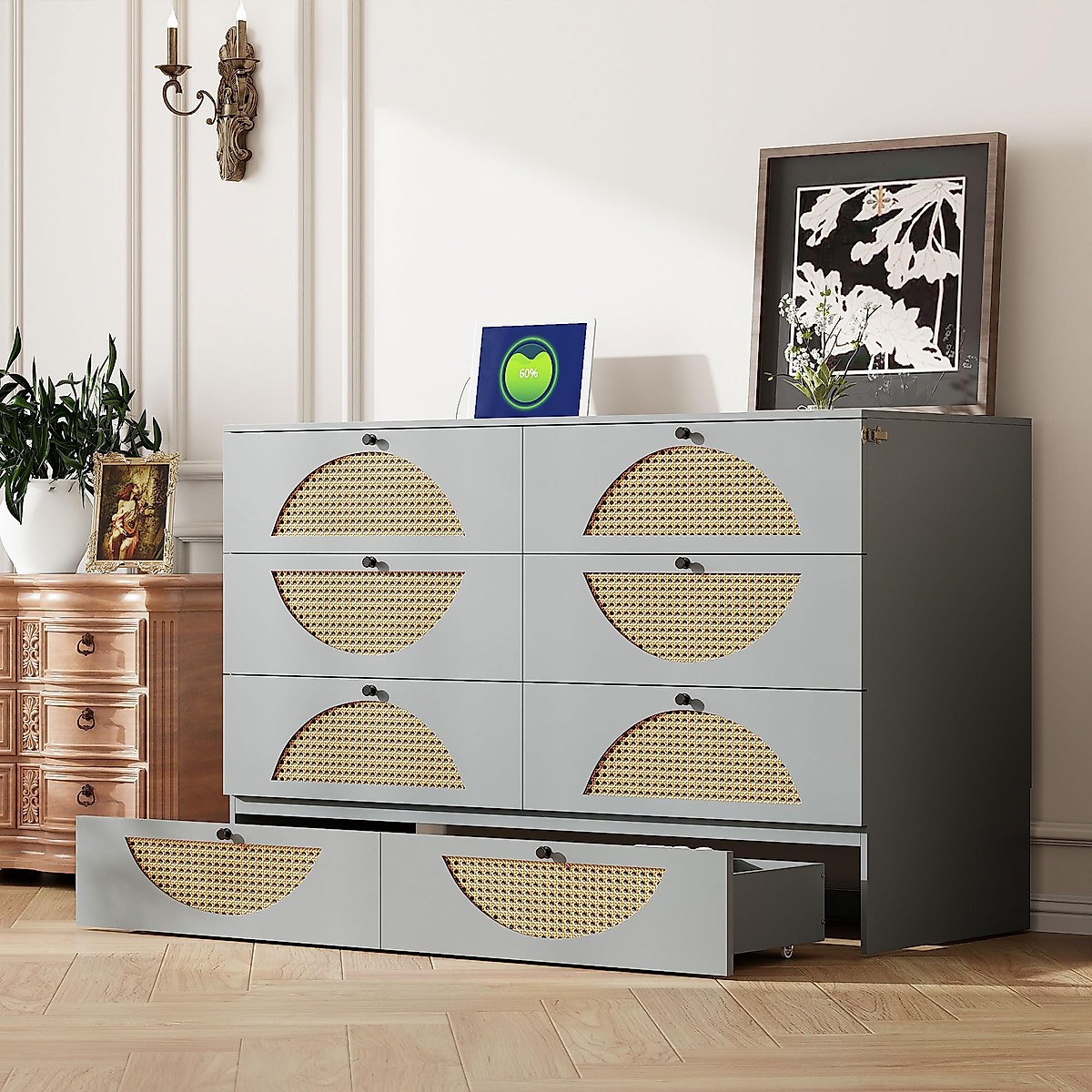 XD Designs Queen Size Murphy Bed with Large Storage Drawer and Charging Station, Versatile Traditional Solid Wood Murphy Bed Chest Cube Cabinet Bed, Convertible Space-Saving Design (Gray-TYX, Queen)