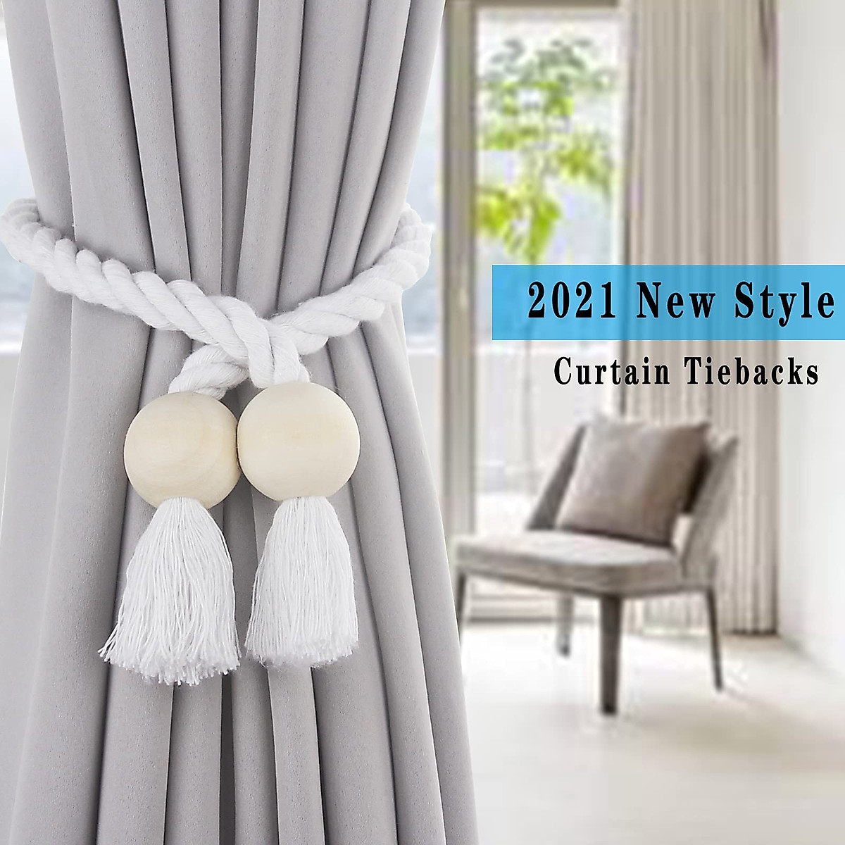 Porlau 2 Pack White Magnetic Curtain Tiebacks Cotton Hand Woven Tieback Holdback Decorative Tie Backs for Drapes with Wooden Buckle No Tools Required