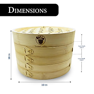 TASTECRAFTS Bamboo Steamer Basket 10-Inch, 2-Tier Design with Complimentary Chopsticks, Steamer Liners and Ceramic Dish for Sauce, Dumpling Steamer, Vegetable Steamer, Rice Steamer.