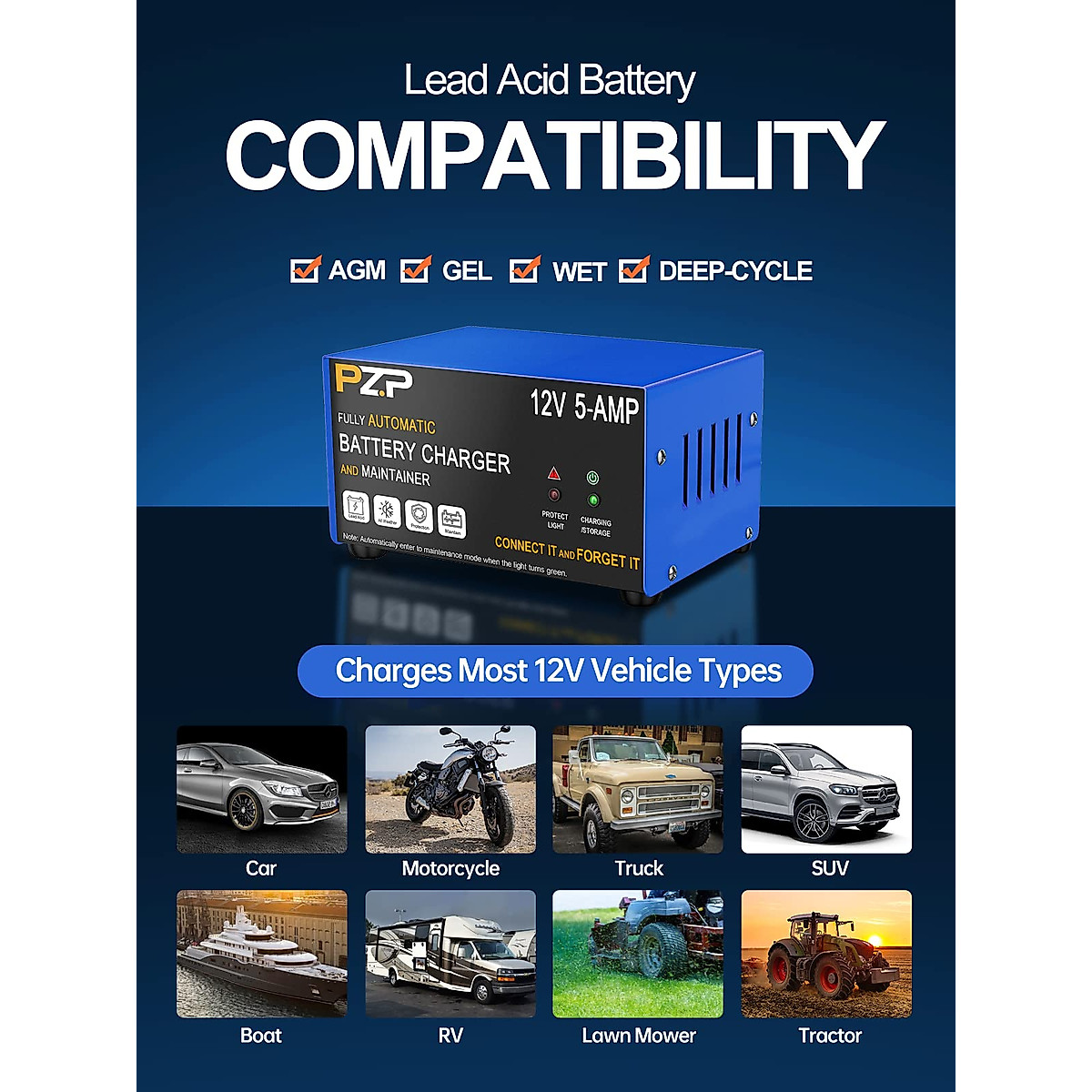 PZ.P 12v Smart Car Battery Charger, 5Amp Fully-Automatic Trickle Charger, Battery Desulfator with Auto Repair, 12 Volt Battery Maintainer, Winter Mode, Suitable for AGM, Deep Cycle, Lawn Mower, RV