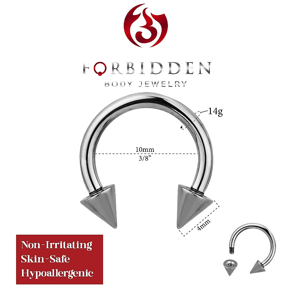 Forbidden Body Jewelry 14g 10 mm (3/8") Titanium Double Spike Horseshoe Body Piercing Ring, 4 mm Cones
