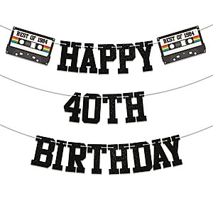 Happy 40th Birthday Banner - 40th Birthday Party Decorations, Retro Cassette Tape Best of 1984 Bunting Garland, 80’s Theme Party Supplies Black Glitter