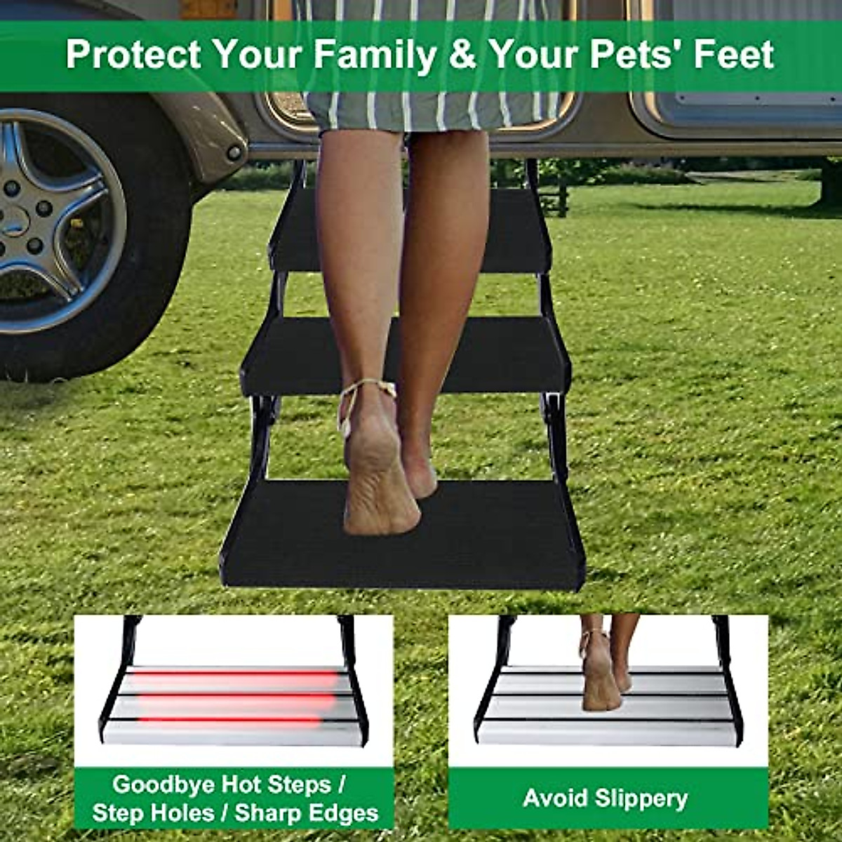 BLACKHORSE-RACING RV Steps Covers Rugs 3 Pack, 18" Inch Wide RV Camper Step Stair Covers, Wrap Around Camper Stair Rugs Radius Carpet with Spring Hooks, Black