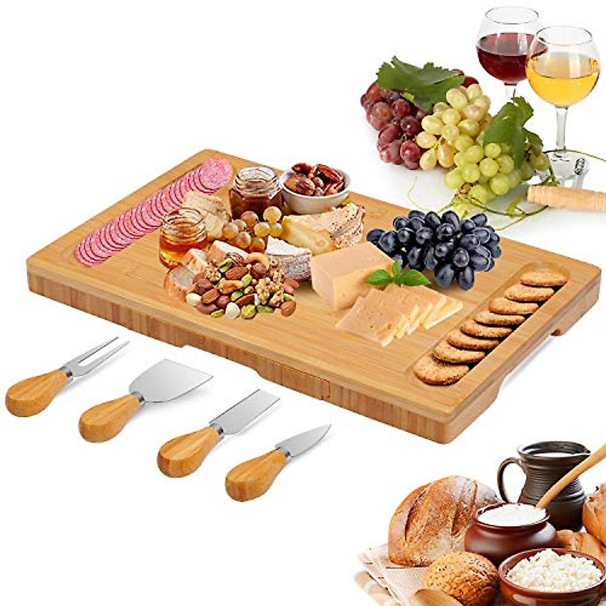 Bamboo Cheese Board Set with Drawer Wooden Charcuterie Tray Platter Including 4 Stainless Steel Knife and Serving Utensils, Gift Idea for Birthdays, Wedding Registry, Housewarming