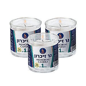 Tribello 1 Day Yahrzeit Memorial Candles - Yahrzeit Candle for Ner Neshama, Yom Kippur Candles, Yizkor Candles or Emergency - Unscented Paraffin Wax 26 Hour Yahrzeit Candles in Glass Jar - 3 Pack