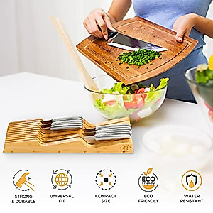 In-Drawer Knife Block Organizer - Bamboo Wood Drawer Knife Organizer - Holds 5 Long + 6 Short Knives (Not Included) - Store Knives with Blades Pointing Down