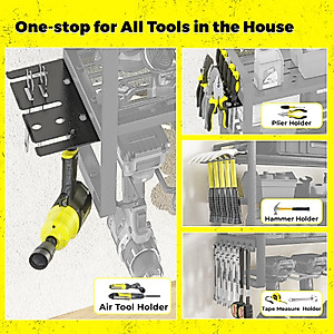 KAFAHOM Power Tool Organizer with Charging Station.Garage 8 Drill Holder Built in 8 Outlets Power Strip,Tool Storage Shelf Wall Mount,Tool Battery Organizer with Screwdriver/Hammer/Air Tool Rack