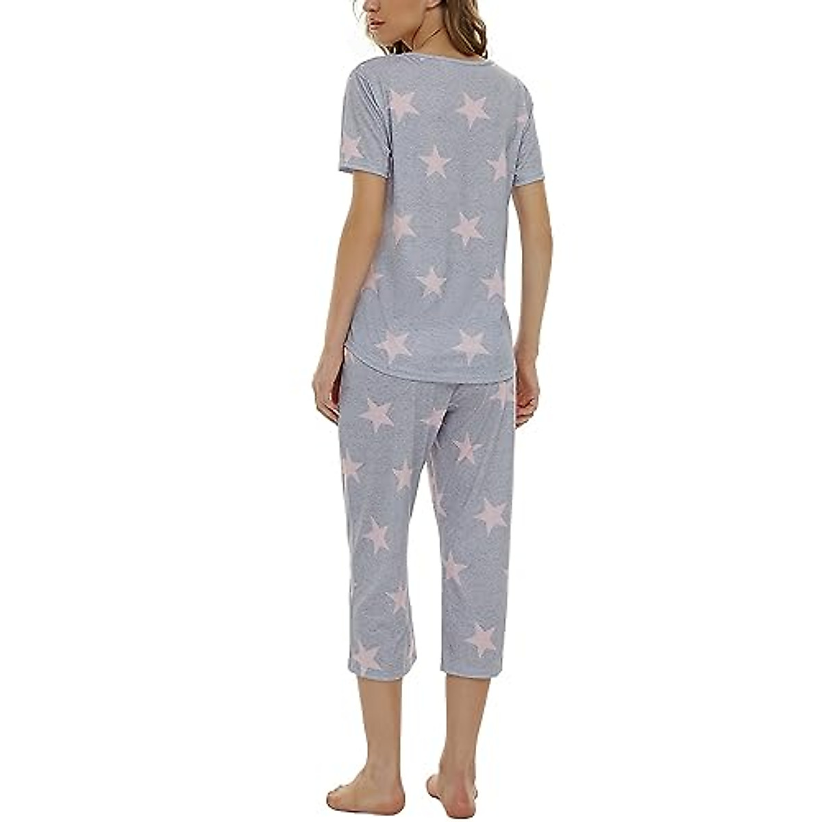 MOYEE Women's Pajama Set Soft Lounge Outfits Short Sleeve Capri Pants with Pockets(#01 Grey Ps, Large)
