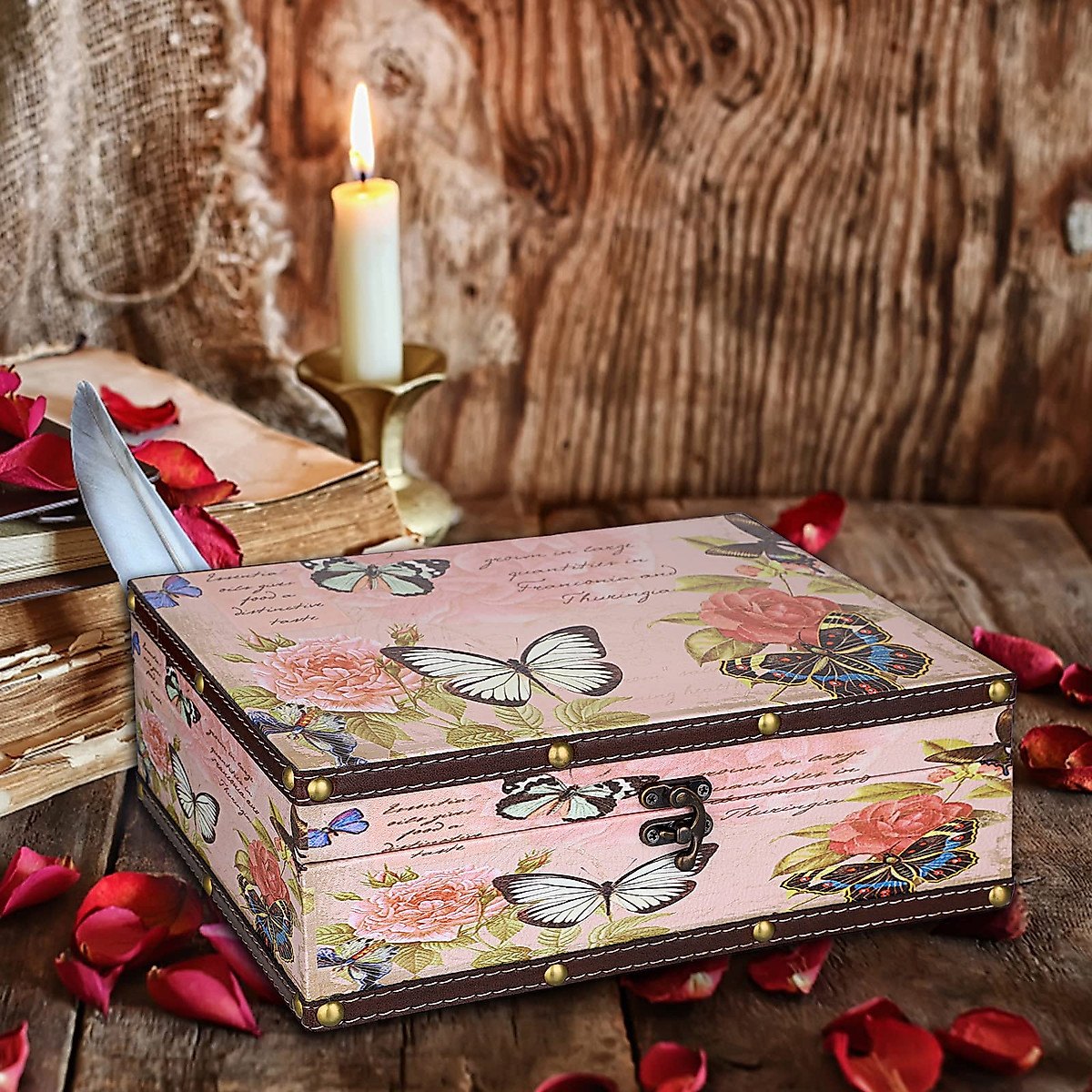 ELLDOO Butterfly Treasure Chest Box, Wooden + PU Leather Storage Decorative Box for Jewelry Trinkets Photos, Rectangular Keepsakes box for Girls Women Gifts