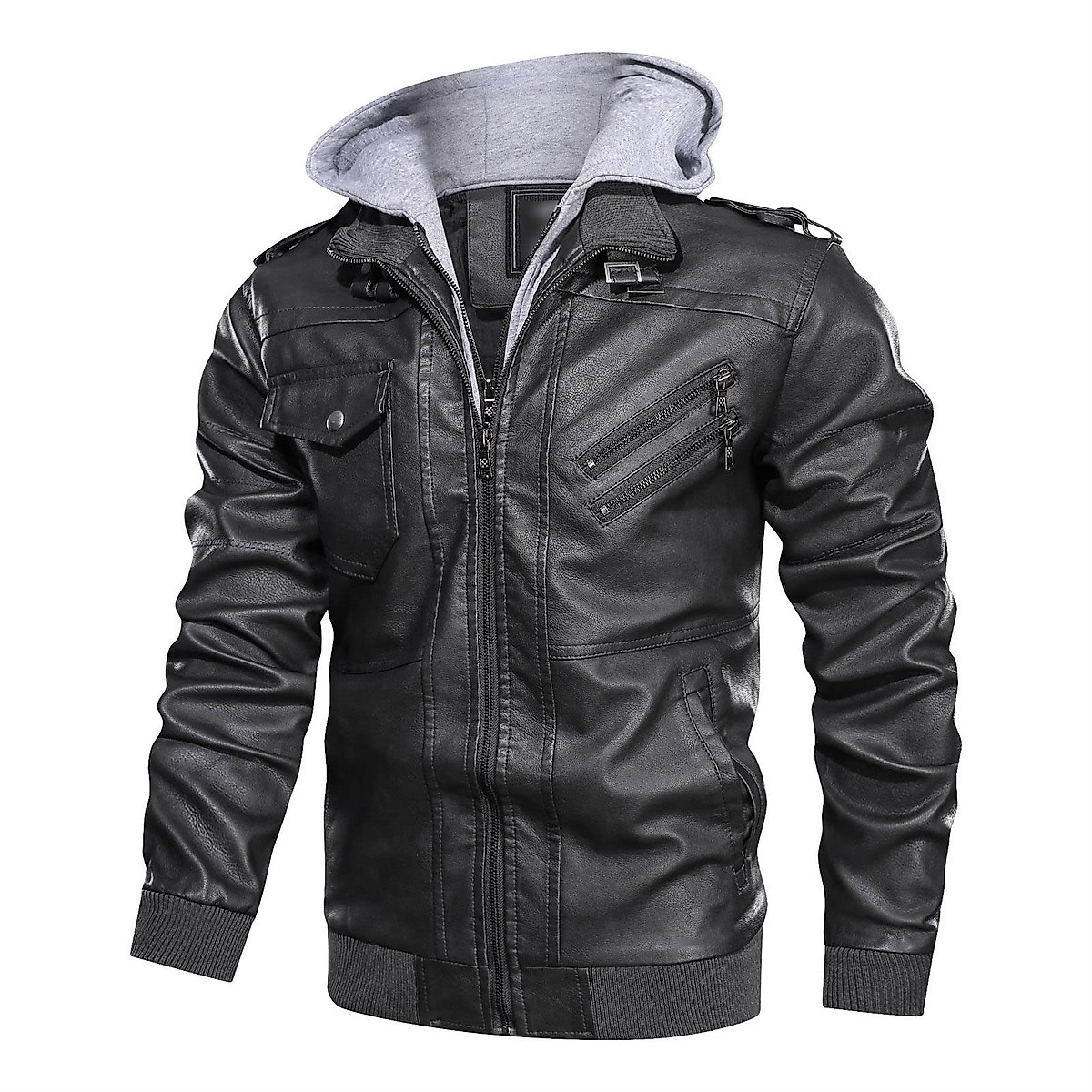 Maiyifu-GJ Men Vintage Faux Leather Jacket Stand Collar PU Leather Motorcycle Jacket Casual Bomber Hoodie with Removable Hood (Grey,Small)