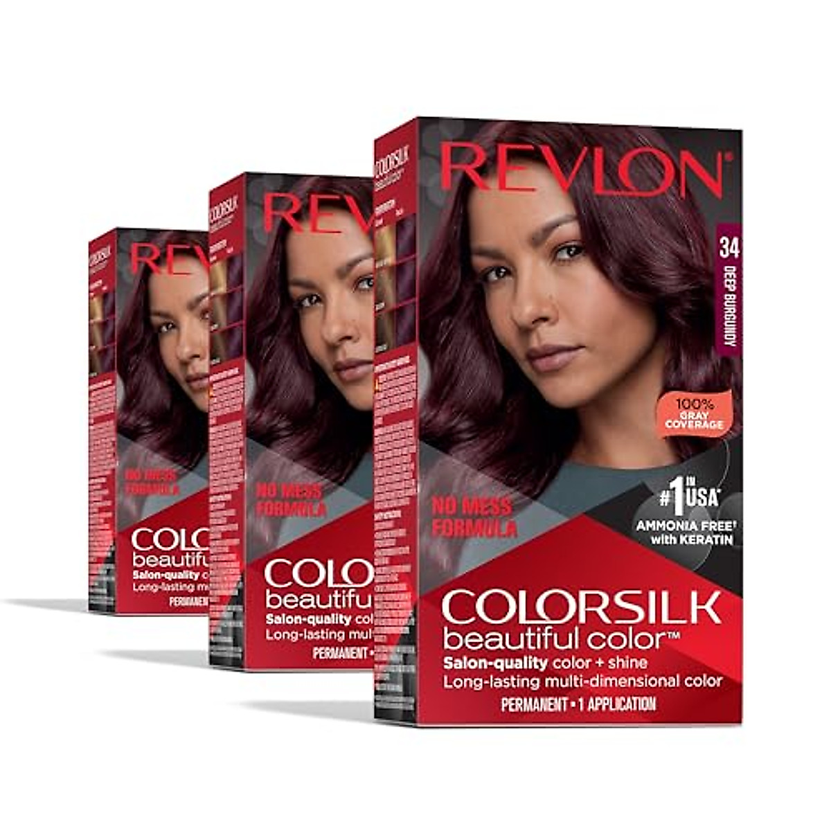 Revlon Permanent Hair Color, Permanent Red Hair Dye, Colorsilk with 100% Gray Coverage, Ammonia-Free, Keratin and Amino Acids, Red Shades (Pack of 3)
