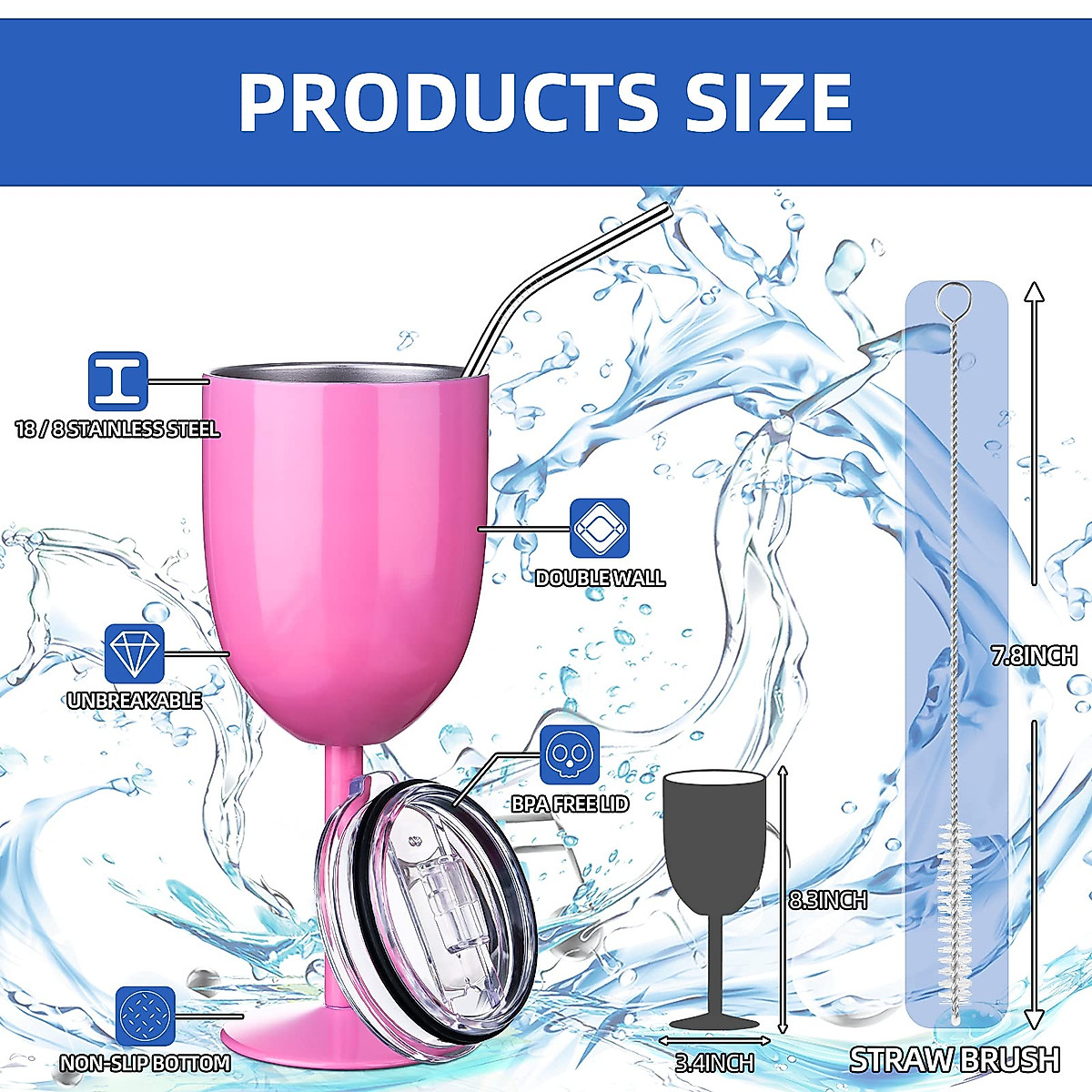 Stemmed Stainless Steel Wine Glasses with Lid Double Wall Insulated Wine Tumbler Unbreakable Goblets Wine Glasses with Drinking Straw and Straw Brush, 10 oz (Pink, Purple, Light Blue,3 Pieces)