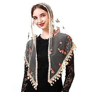 PAMOR Triangle Little Flower Chapel Veils Embroidered Scarf Shawl Latin Mass Head Covering Mantilla Veil for Church (Champagne Rose)