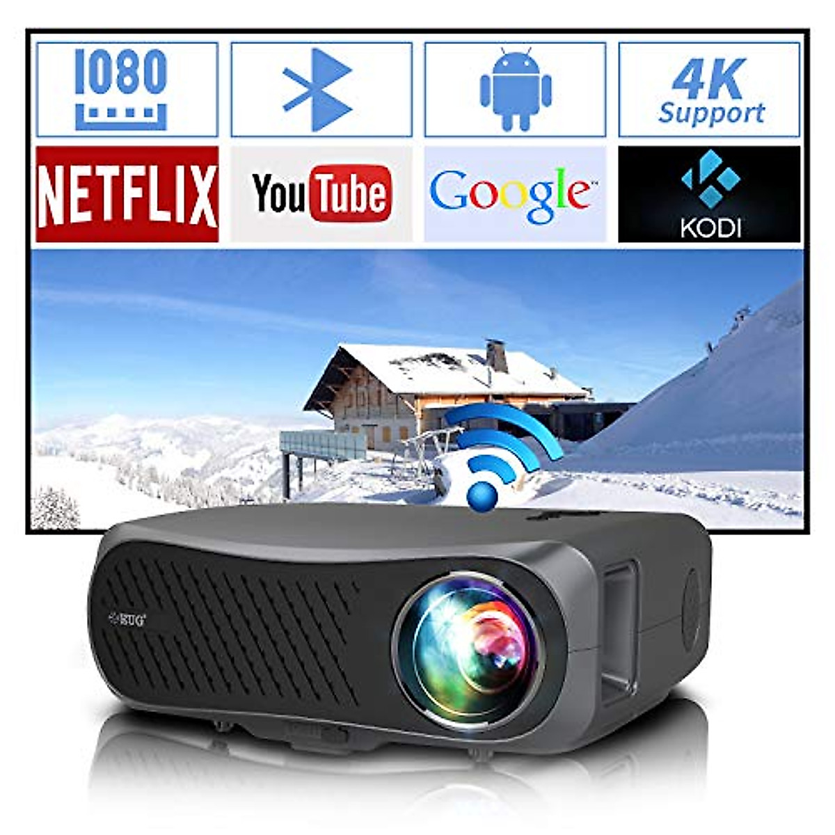 Full HD Wifi Bluetooth Projector 1080P Native Support 4K,10000 Lumen LED Smart Android Wireless Home Outdoor Business Projector 1920x1080 USB HDMI VGA AV Audio for Laptop PC TV DVD PS4 Smartphones Mac