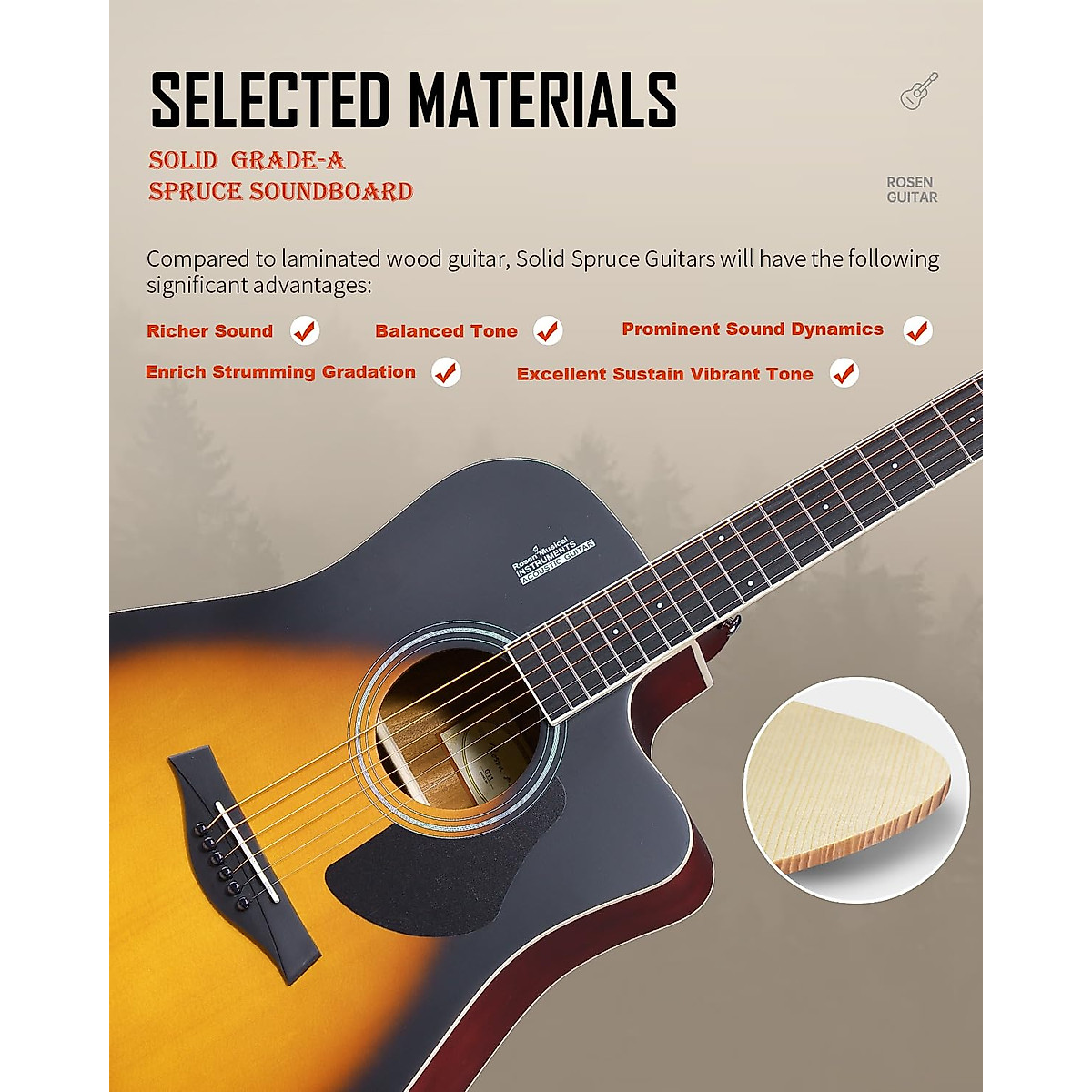 Rosen Solid Top Dreadnought Acoustic Guitar 41 Inches Spruce Guitar Beginner Bundle with Book, Padded Bag, Strings, Picks, Hexwrench, Strap, Polishing Cloth, Sunburst